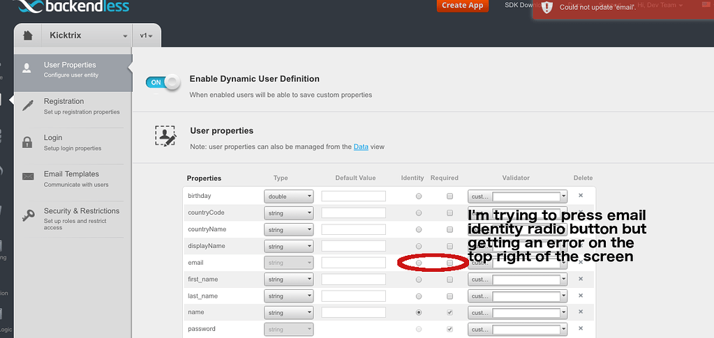 Can't change identity from 'name' to 'email' - General - Backendless Support