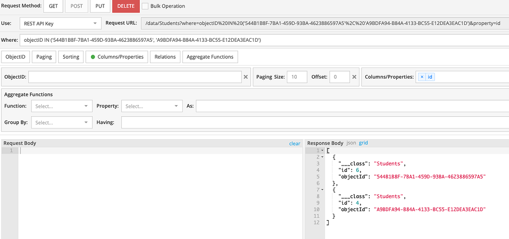 IN Operator - CODELESS - Searching for list of objectId's Error - Codeless - Backendless Support