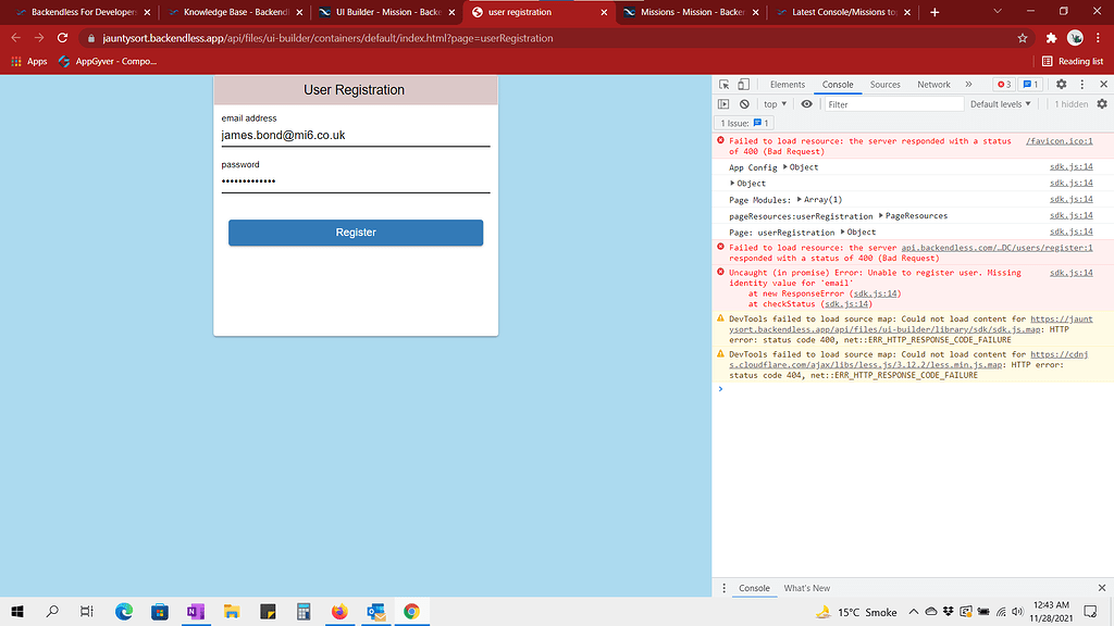 Task: **Register a user account with API** - Missions - Backendless Support