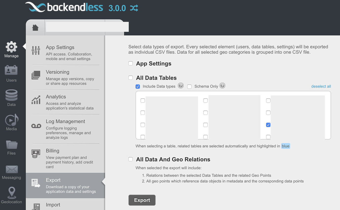Data export - Console - Backendless Support
