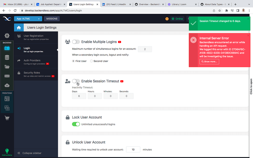 Task: **Set session timeout** - Missions - Backendless Support